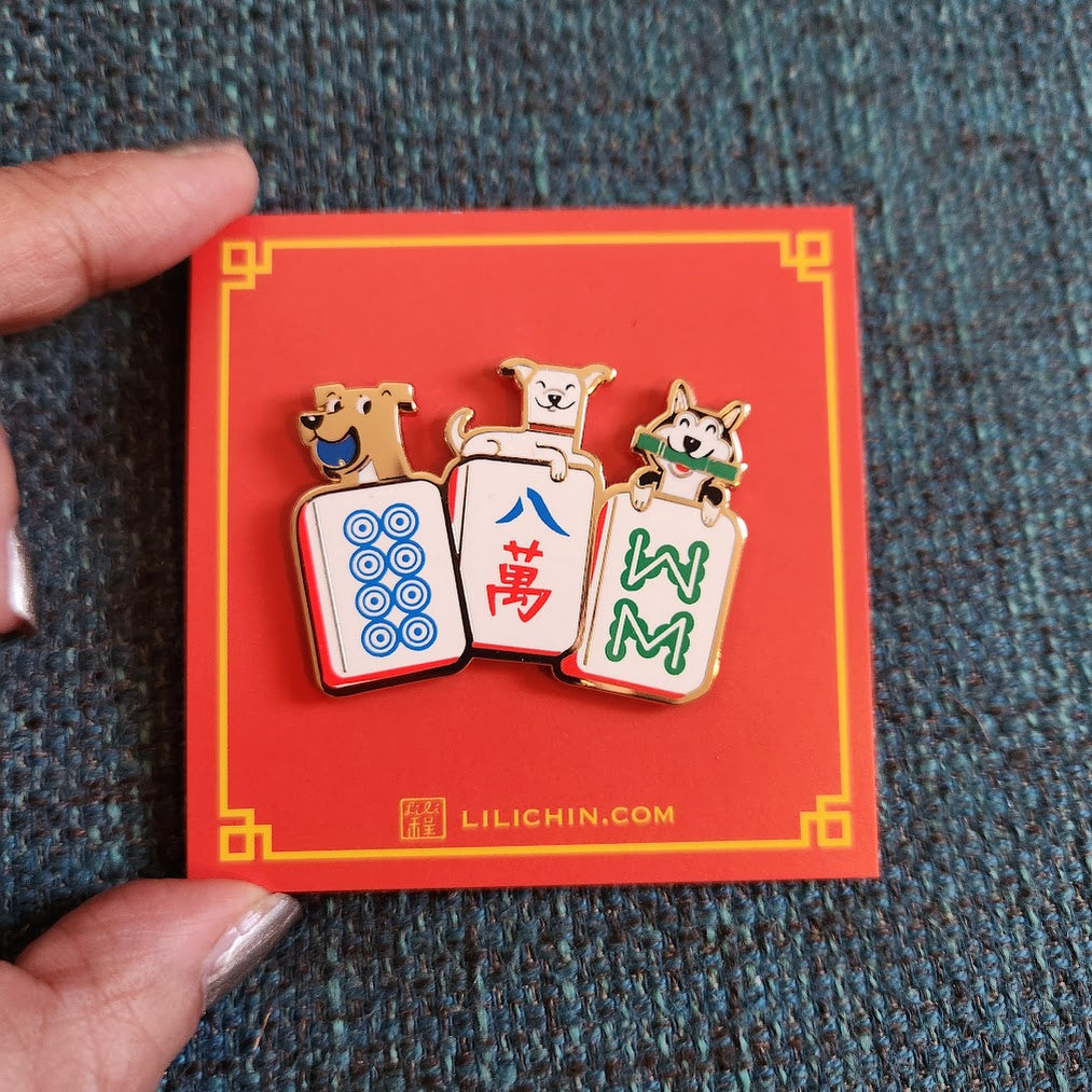 3 LUCKY DOGS MAHJONG pin | Lili Chin | Doggie Drawings – Lili Chin Art Inc